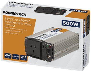 Powertech Modified Sinewave Inverter 500W 1500W 24VDC to 240VAC Charge – Bourne Electronics