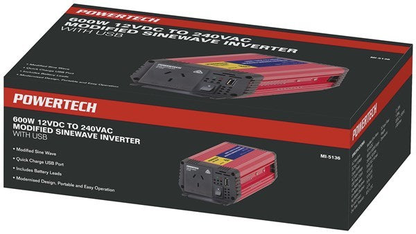 Powertech 600W 12VDC to 230VAC Modified Sinewave Inverter USB alligato ...