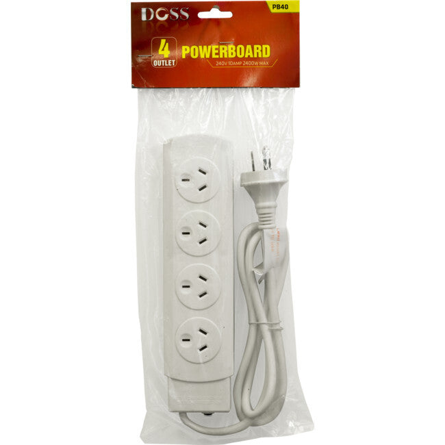 DOSS PB40 240V 10 Amp 4 Way Power Board with Overload Protection White ...