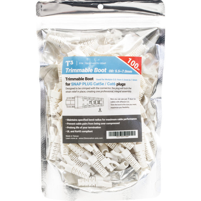 T3 Innovation CAT5E CAT6 7.5mm Trimmable RJ45 Rubber Boot White 100 Pk ...