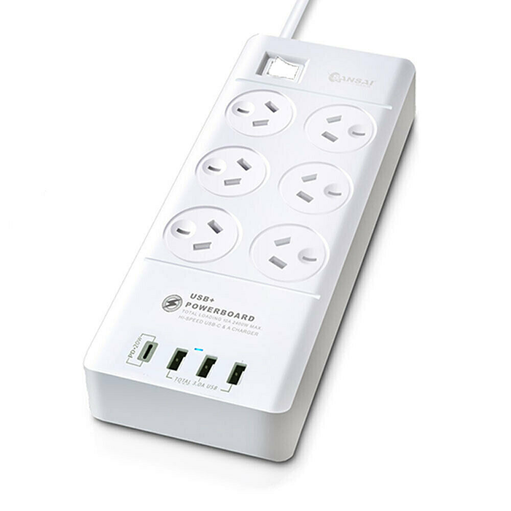 Sansai 6Way Outlet Power Board 2400W Surge Protector USBA & C Ports ...