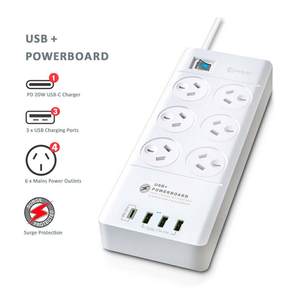 Sansai 6Way Outlet Power Board 2400W Surge Protector USBA & C Ports ...